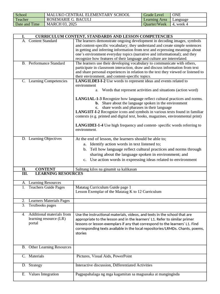 Grade 1 Language Lesson Plan Guide | PDF | Learning | Vocabulary