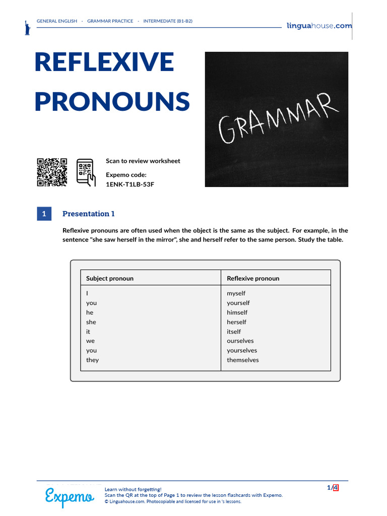 Reflexive Pronouns American English Student B1 B2 | PDF | Linguistic Morphology | Grammar
