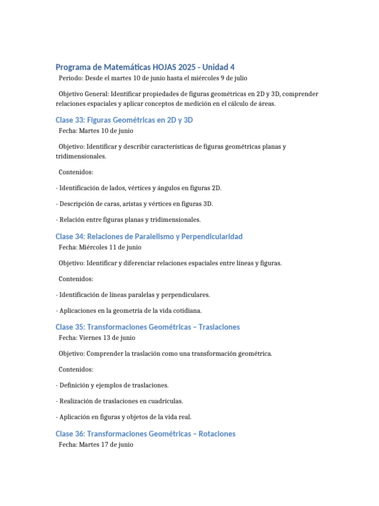 Programa Matemáticas HOJAS 2025 Unidad4 | PDF | Geometría | Rotación