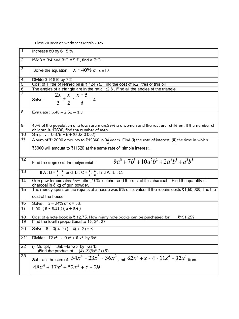 Class VII Math Revision Worksheet 2025 | PDF | Area | Circle