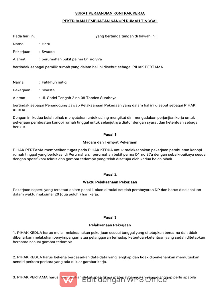 Perjanjian Kontrak Kerja Pak Heru | PDF