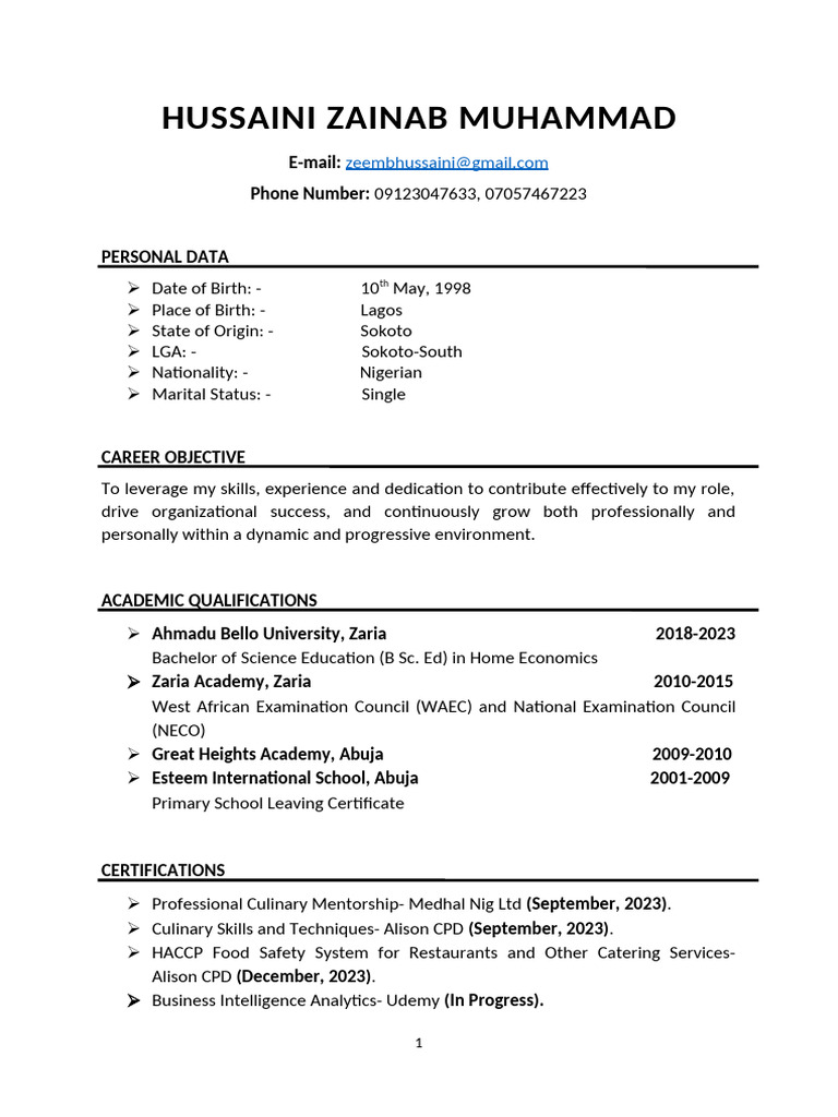 Hussaini Zainab Muhammad CV | PDF | Chef | Learning