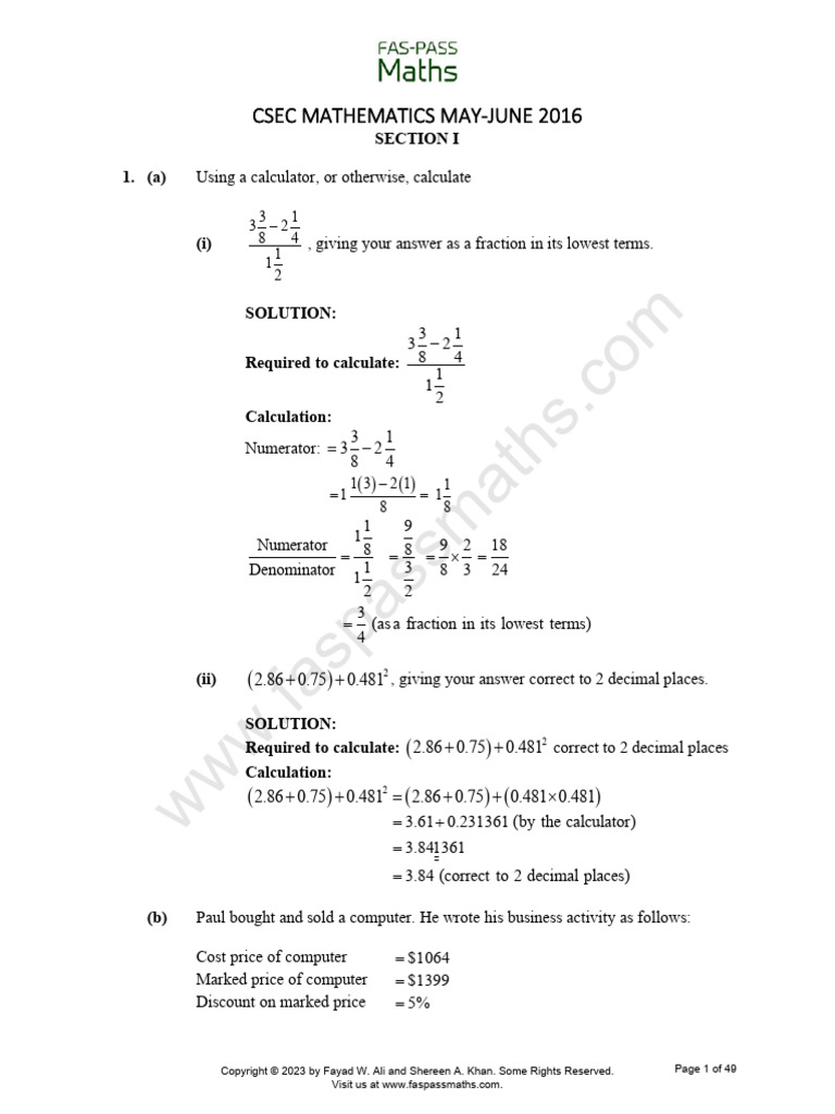 CSEC Maths 2016 June Past Paper Solutions | PDF | Division (Mathematics ...