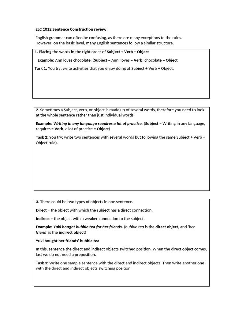 ELC 1012 Sentence Construction review | PDF | Subject (Grammar ...
