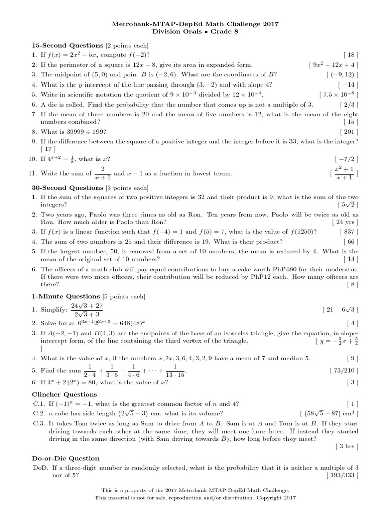 Grade 8 Division Finals Questions | PDF | Integer | Mathematical Concepts