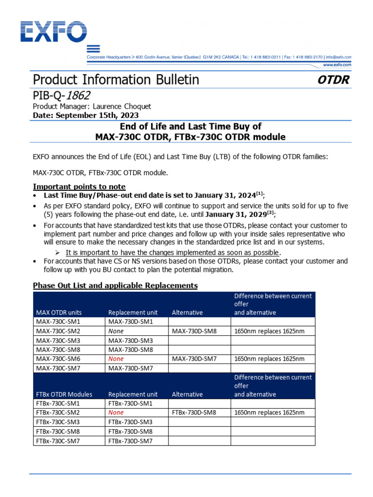 MAX-730C OTDR End of Life Notice | PDF