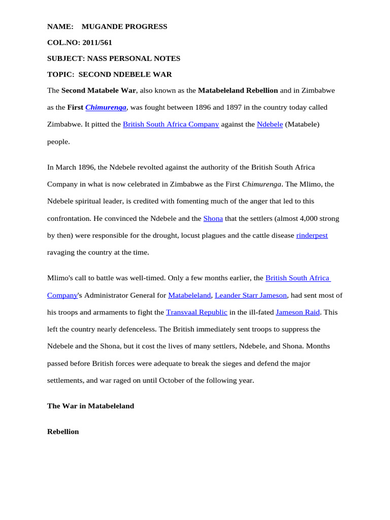 Second Matabele War Overview | PDF | Scouting