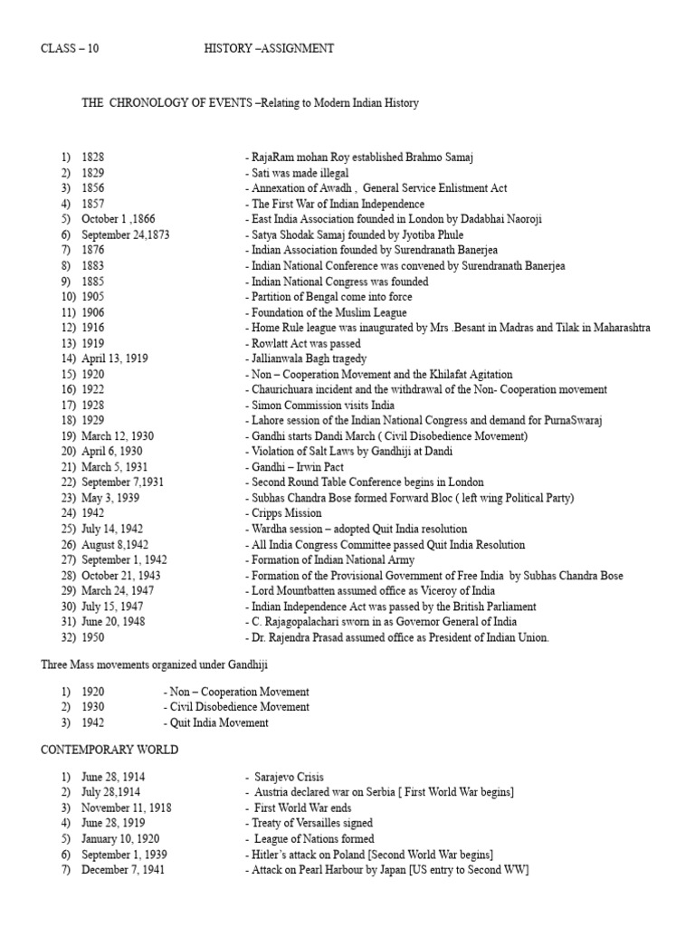 CLASS-10 History Chronology of Events | PDF | Mahatma Gandhi | Indian ...