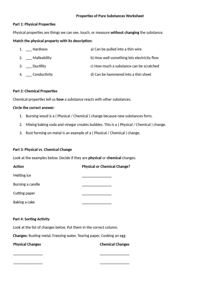 Properties of Pure Substances Worksheet FLS | PDF