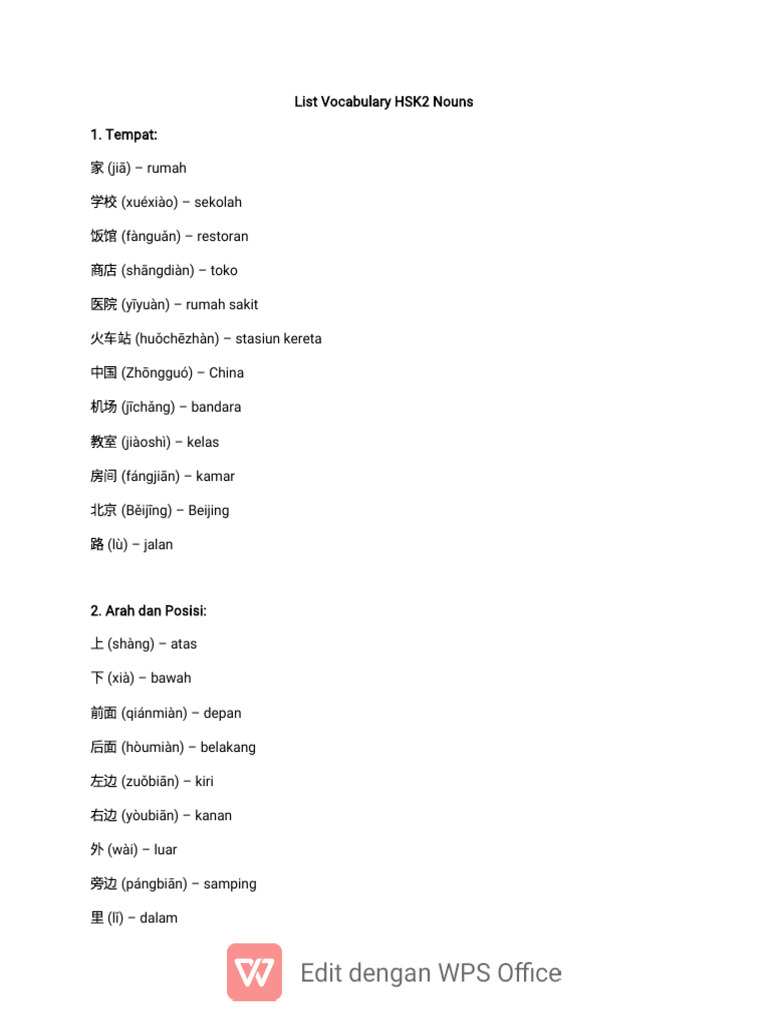 Bagi List Vocabulary HSK2 Nouns-WPS Office | PDF
