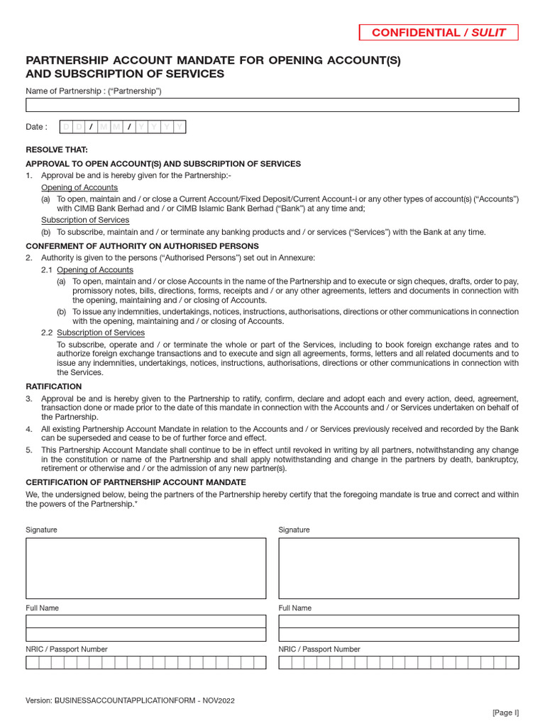 Partnership Account Mandate Form | PDF | Banks | Transaction Account