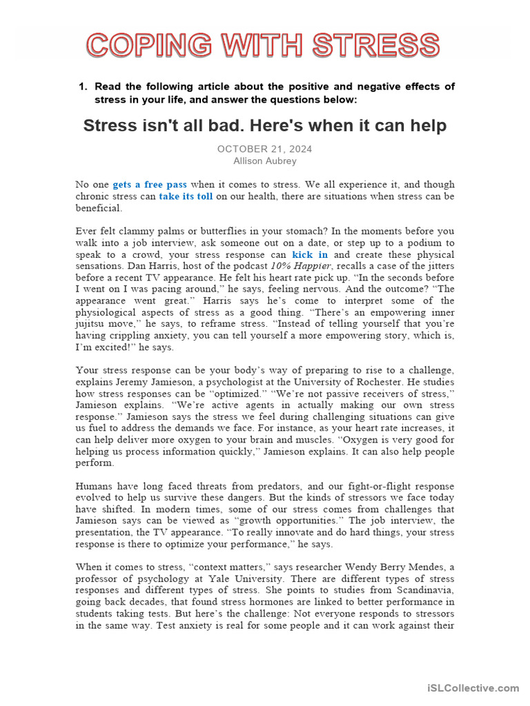 Stress Reading Comprehension | PDF | Stress (Biology) | Occupational ...