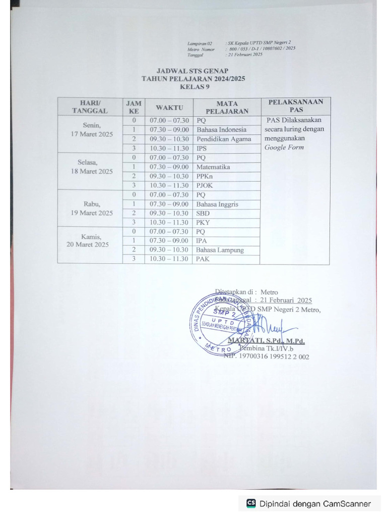 Jadwal Sts Genap 2024-2025 Kls 9 | PDF