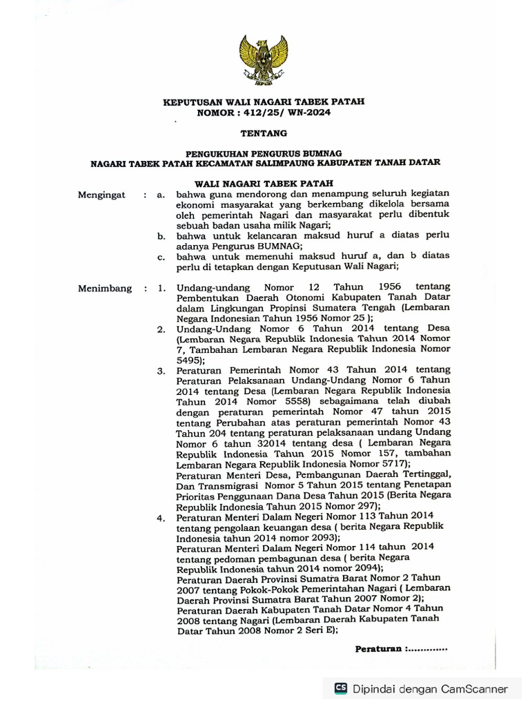 SK Pengurus BUMNAG Tabek Makmur | PDF