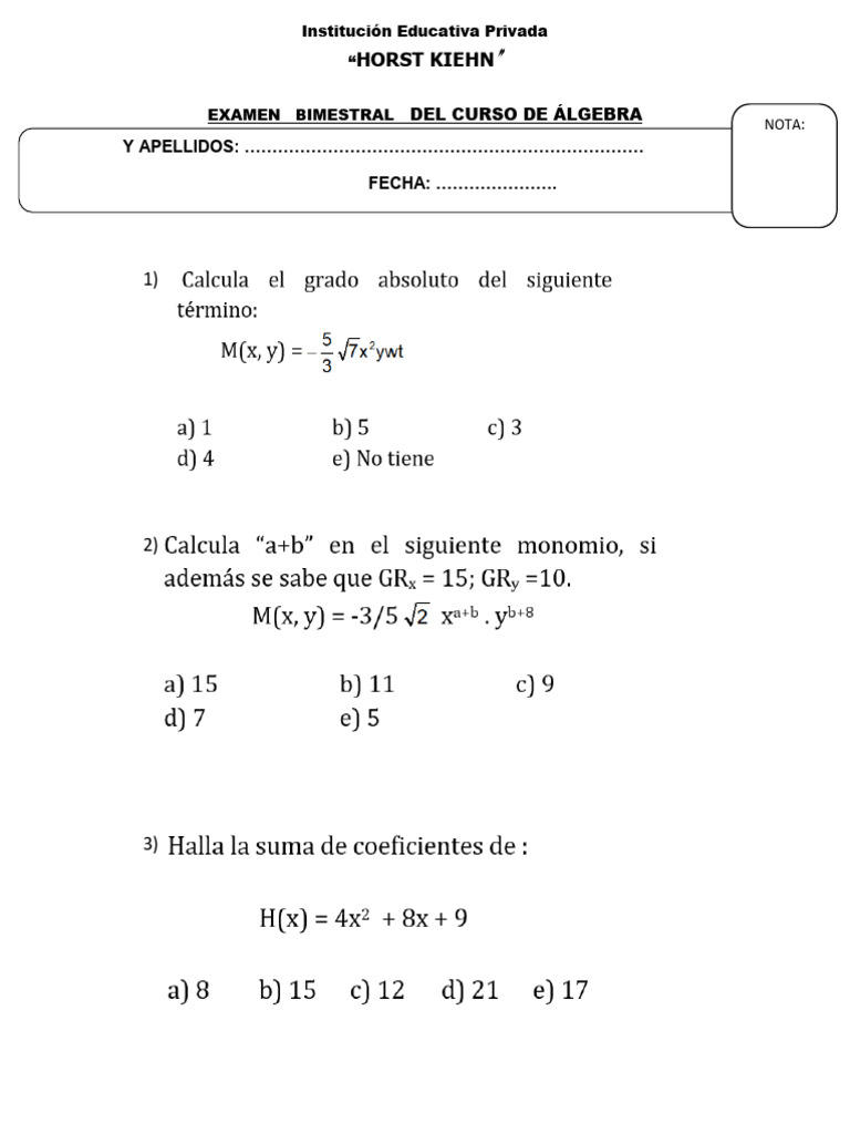 Examen Bimestral de Álgebra1°-2° | PDF
