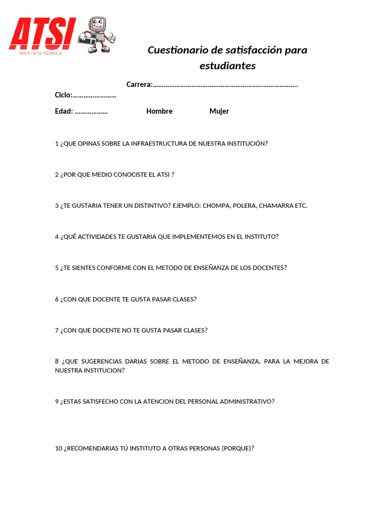 Cuestionario Estudiantil Atsi | PDF