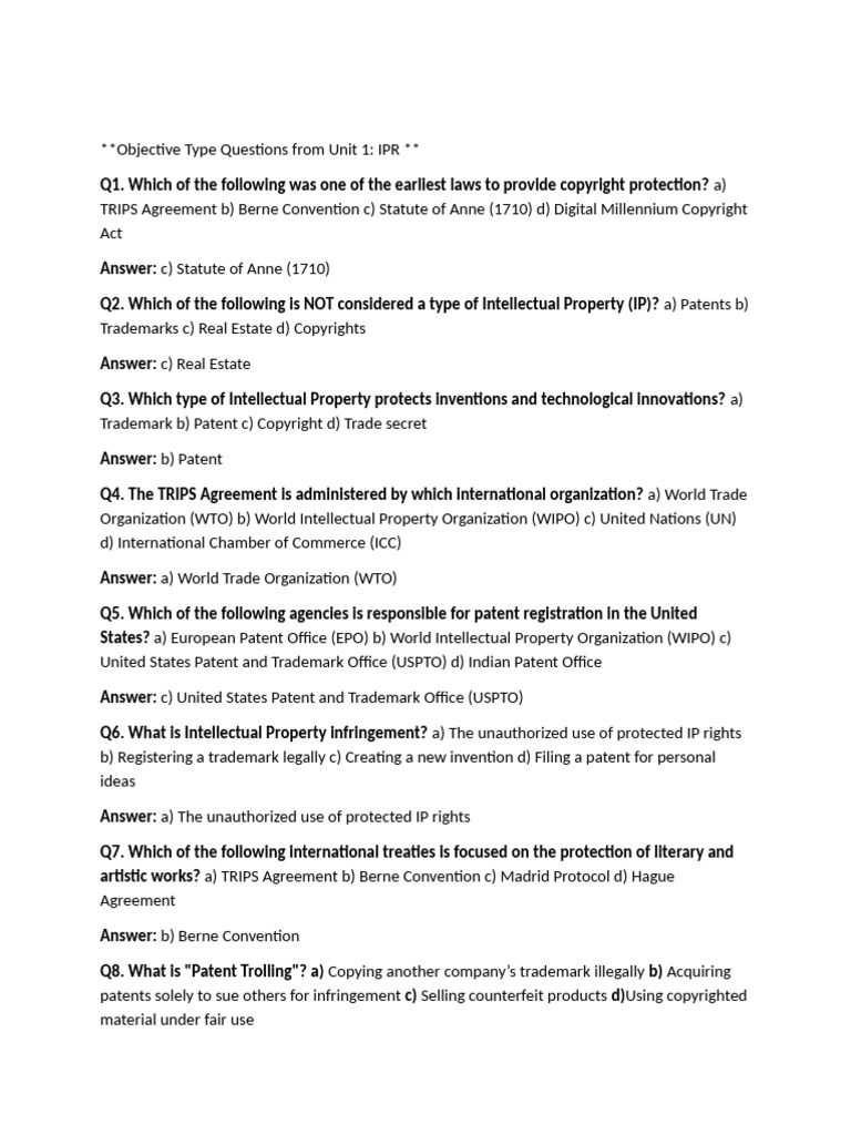 Objective Type Questions From Unit 1& 2 | PDF | Intellectual Property ...