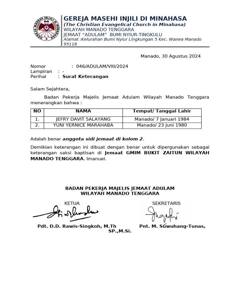 Surat Keterangan Jemaat Adulam Manado | PDF