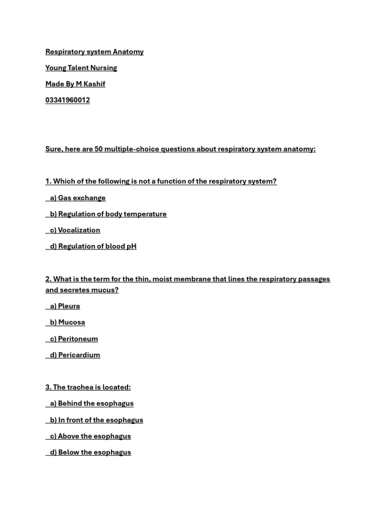 Respiratory Anatomy Mcqs Young Talent Nursing | PDF | Respiratory Tract ...