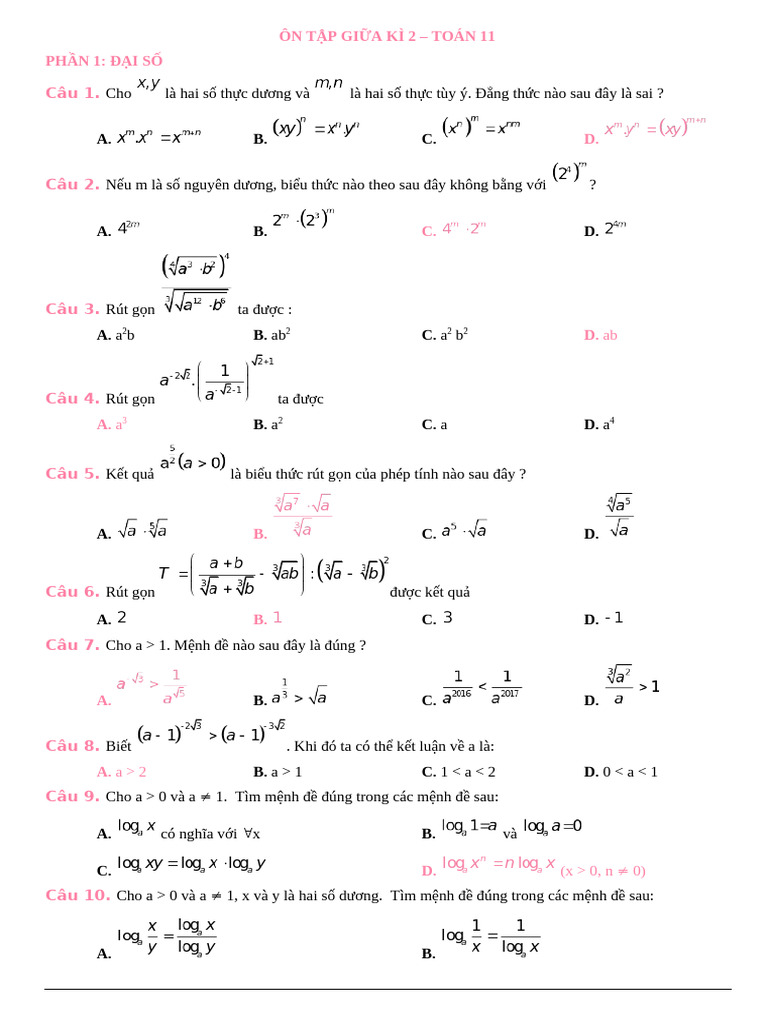 ON TAP TOAN 11CB GK2 NH 23-24 (Đáp Án) | PDF