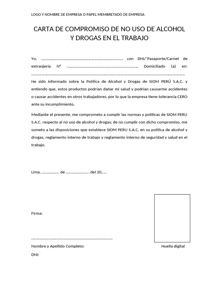 Compromiso de No Consumo de Alcohol y Drogas | PDF