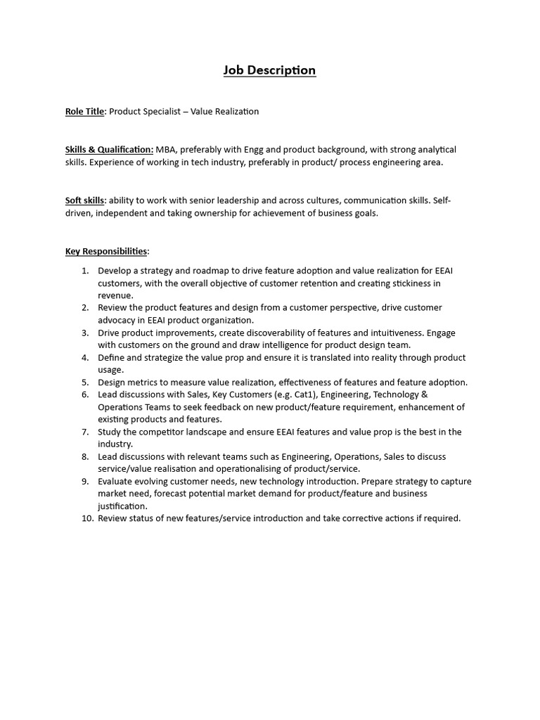 JD - Product Value Realization | PDF