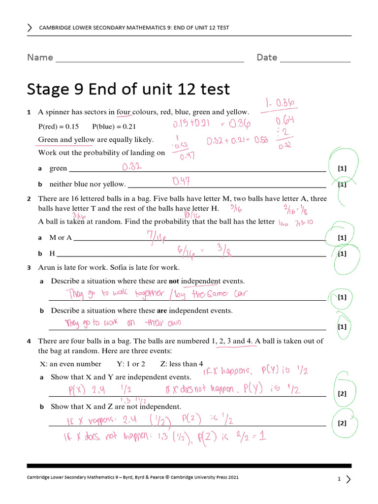 Unit 12 End-Of-Unit Test | PDF | Mathematics | Probability Theory