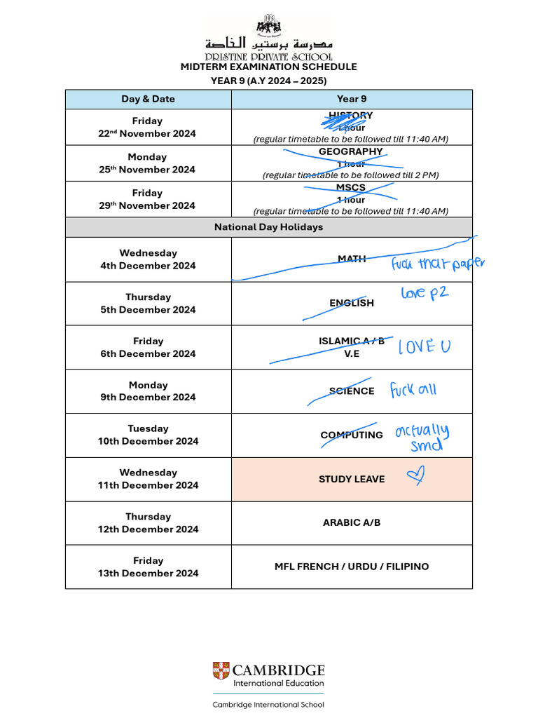 Year 9 Midterm Timetable | PDF
