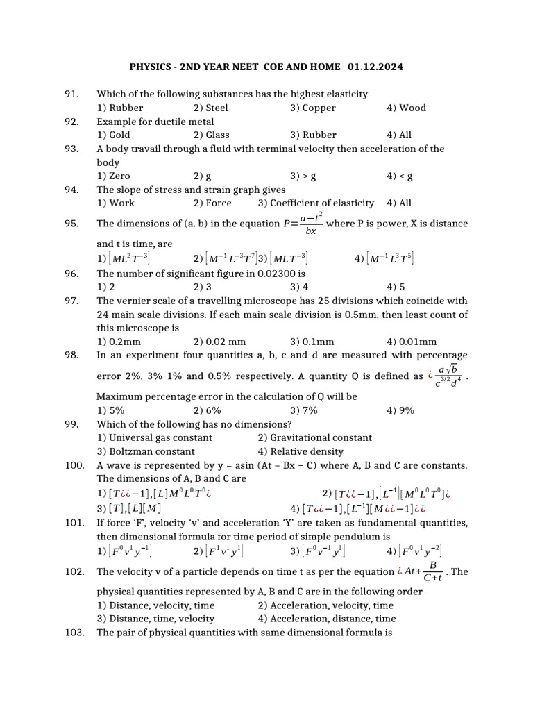 Physics - 2nd Year Neet Coe and Home 01.12.2024 | PDF | Secondary ...