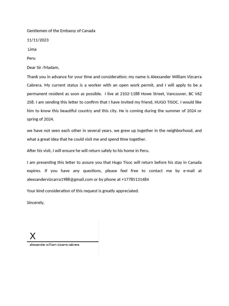 Carta de Invitacion Canada Hugo Tisoc | PDF