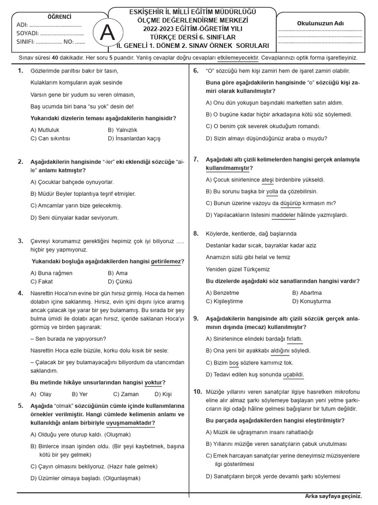 Sinif Oyrnek Sinav 2 | PDF