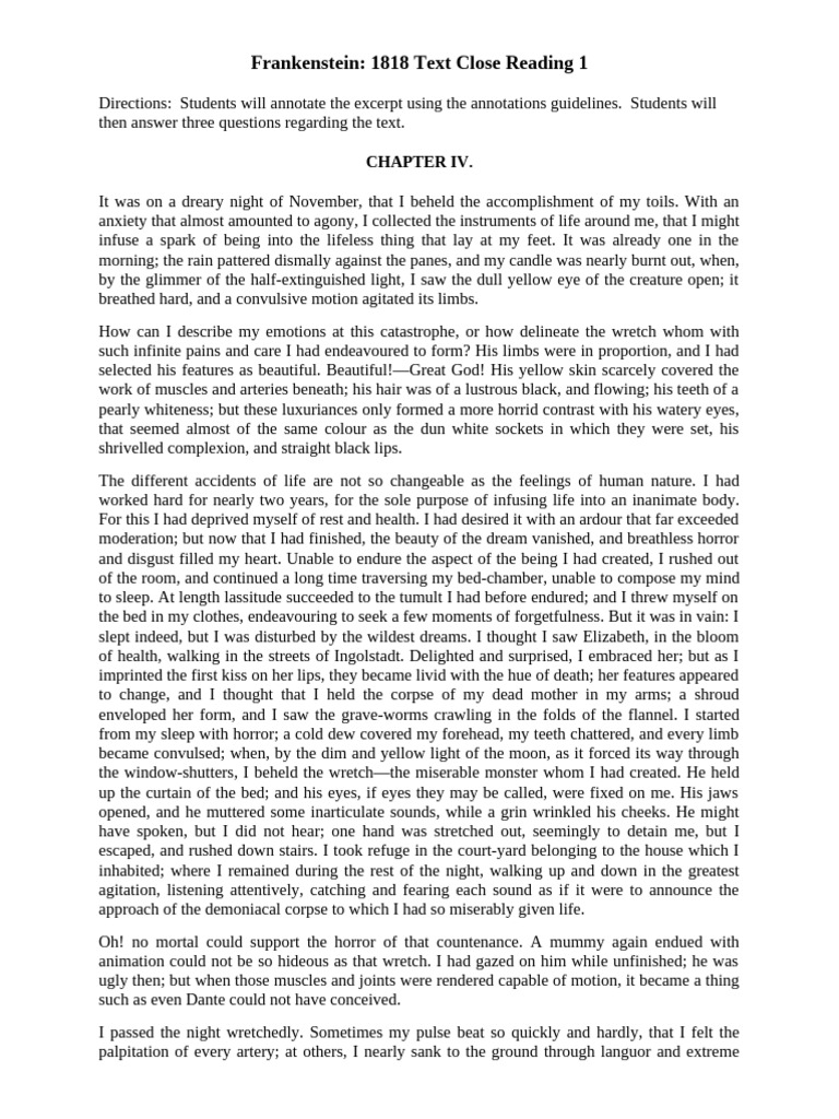 Frankenstein Close Reading 1 | PDF