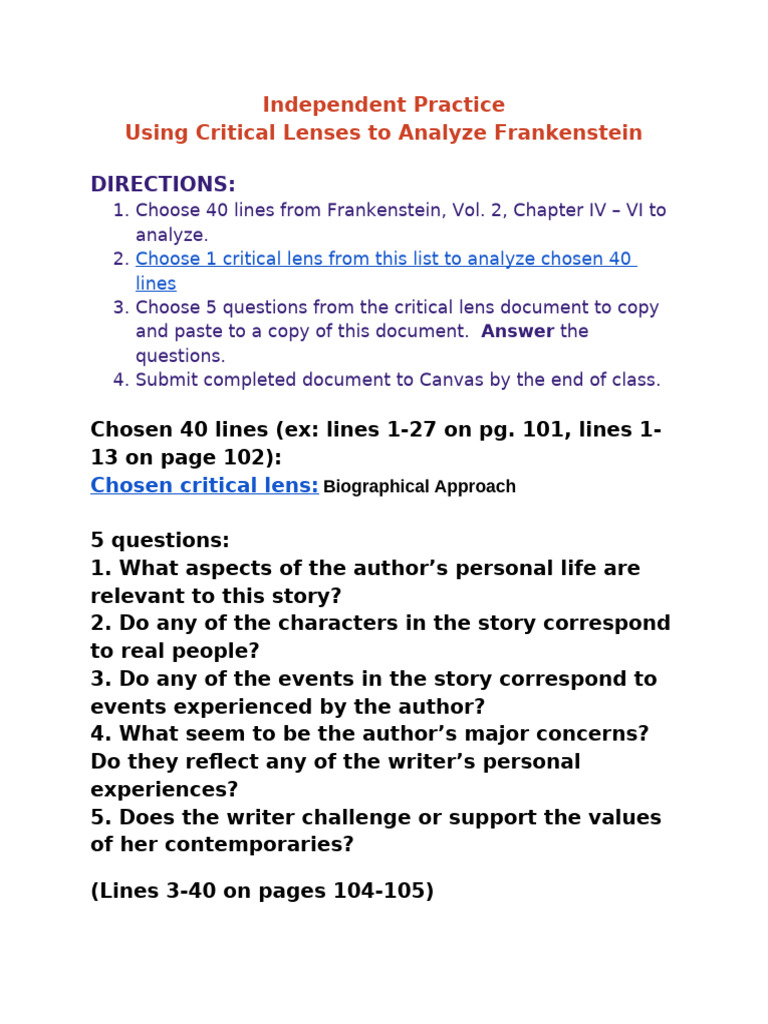 Frankenstein Lit Analysis With Critical Lenses | PDF | Frankenstein