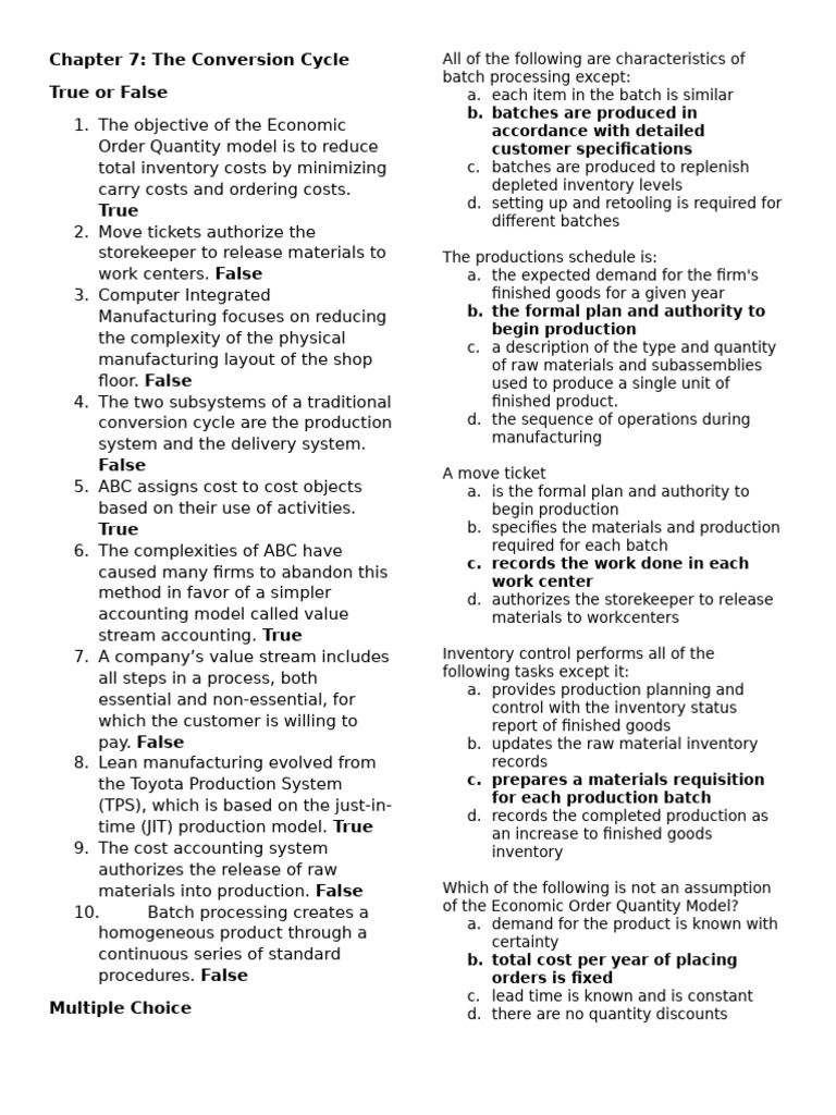 Conversion Cycle Quiz (Answer Key) | PDF | Lean Manufacturing | Inventory