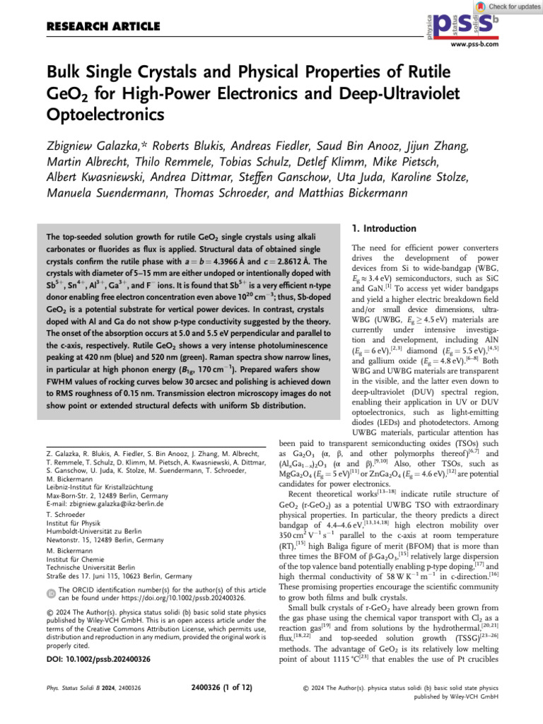 Bulk Single Crystals and Physical Properties of Rutile GeO2 For High-Power Electronics and Deep ...