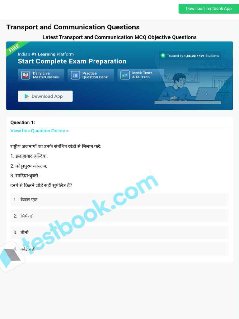 MCQ On Transport and Communication 5eea6a1239140f30f369ecaa | PDF
