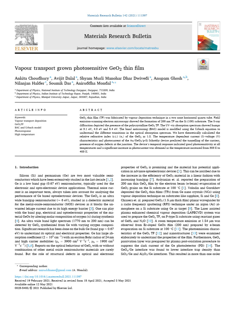 Vapour Transport Grown Photosensitive GeO2 Thin Film | PDF | Absorption ...