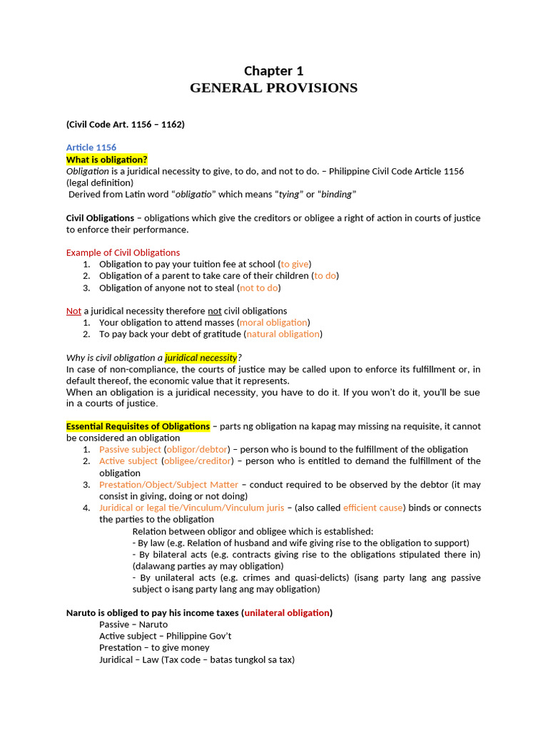 Oblicon Chapter 1 Art. 1156 - 1162 | PDF | Law Of Obligations | Tort