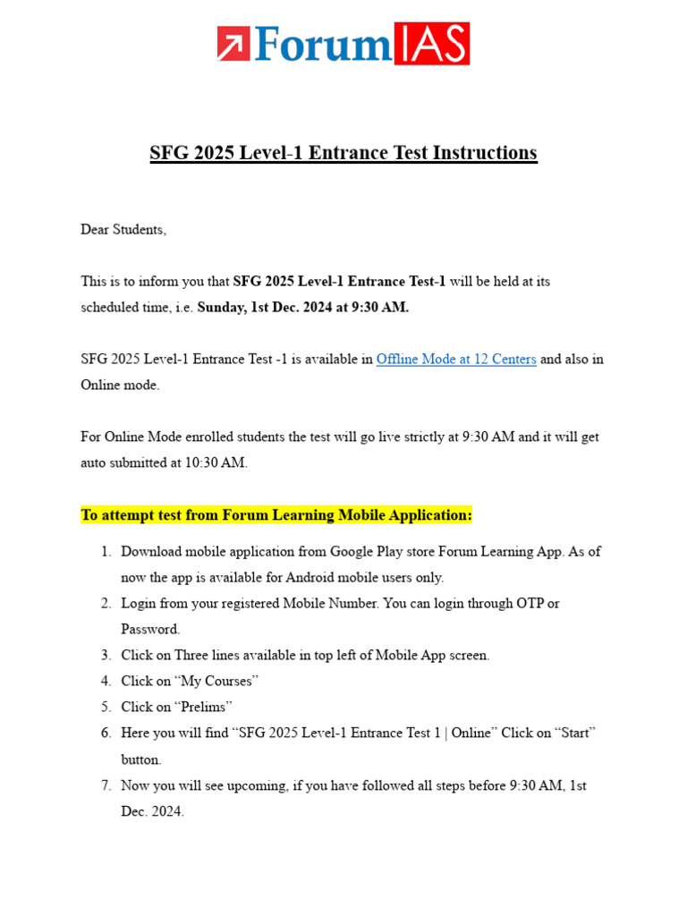 Instructions SFG 2025 Entrance Test-1 | PDF | Mobile App | Google Play