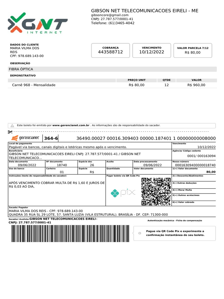 Boleto de Cobrança - Gibson Net Telecom | PDF | Dinheiro | Finanças ...