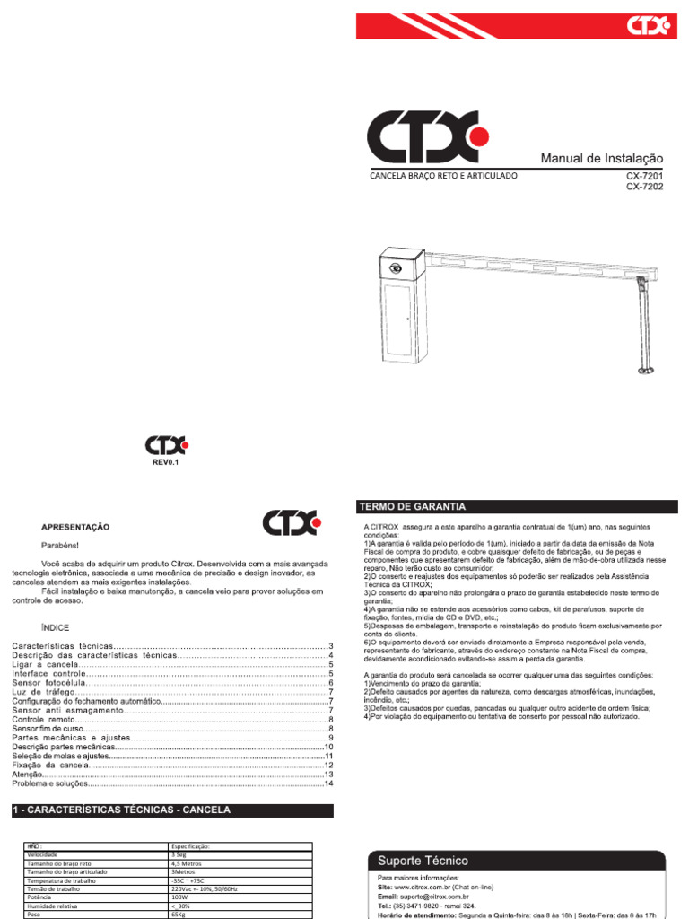 Manual - CX-7201 CX-7202 - Cancela Braço Reto e Articulado - REV01 | PDF