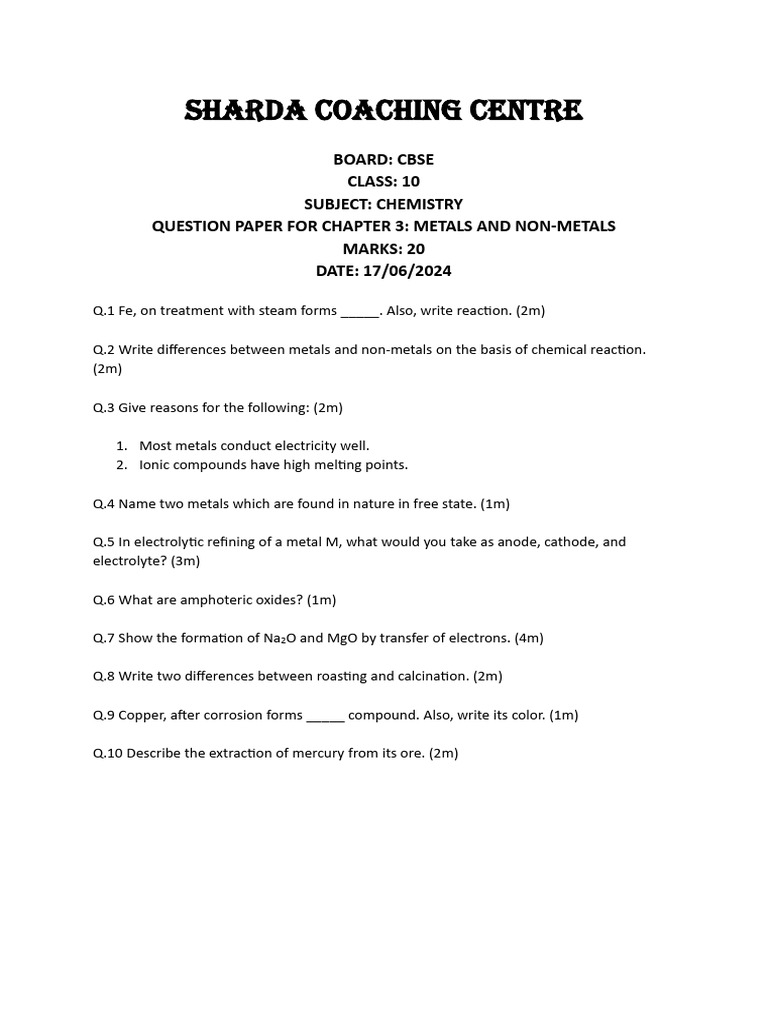 CBSE 10th QP Chem Chp. 3 | PDF