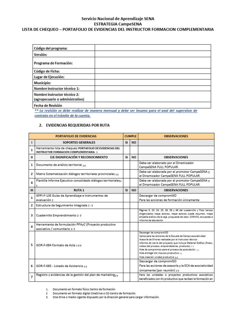 I.1. Lista de Chequeo Operativa - 2025 Instructor Campesena Complementaria V2 | PDF | Iniciativa ...