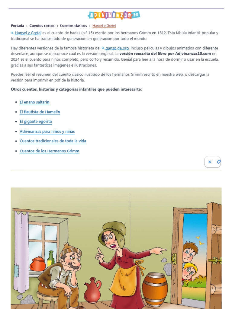 HANSEL Y GRETEL Cuento Corto, Completo y Resumido | PDF | Hansel y Gretel | Hermanos Grimm