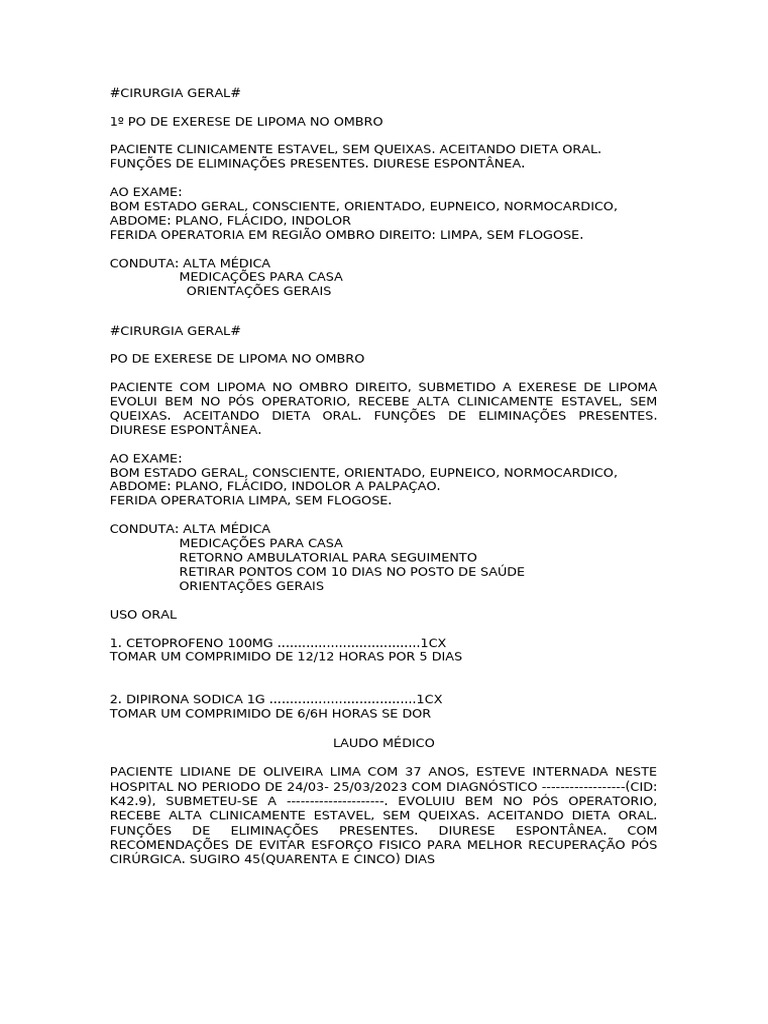 Alta Pós-Operatória: Exérese de Lipoma | PDF