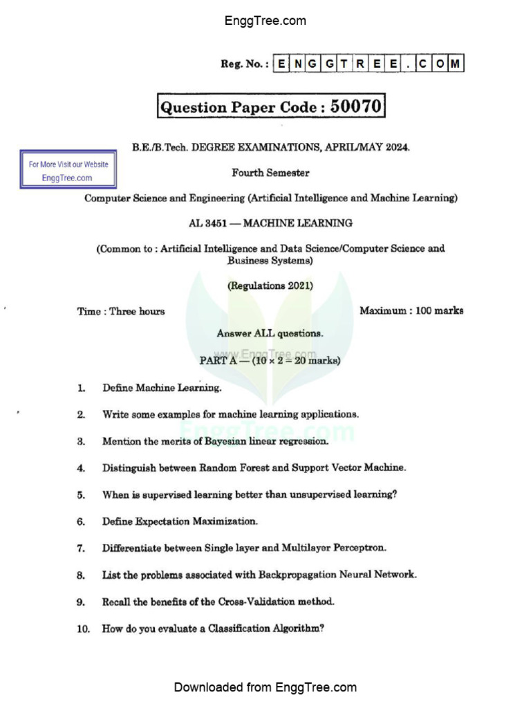 AL3451 Machine Learning Apr May 2024 Question Paper Download | PDF