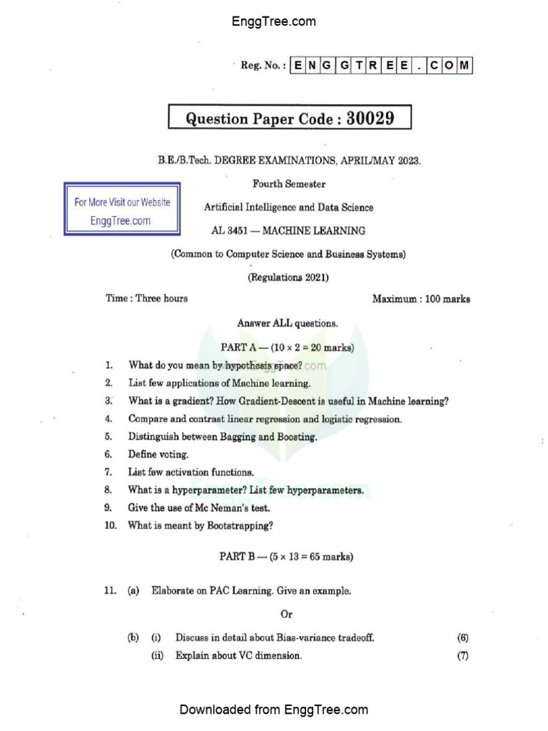 AL3451 Machine Learning Apr May 2023 Question Paper Download | PDF