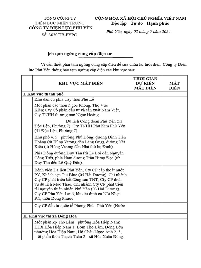 Độc lập - Tự do - Hạnh phúc: Số: 3030/TB-PYPC | PDF