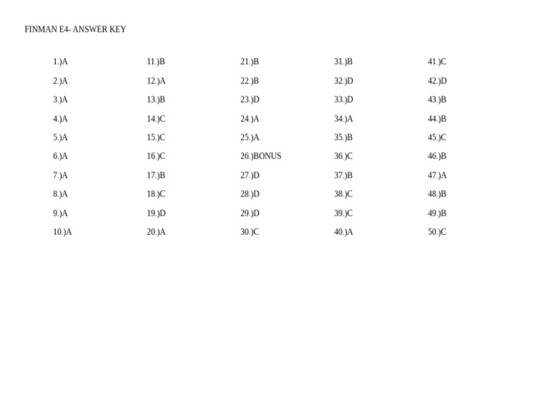 FINMAN E4 Answer Key Overview | PDF