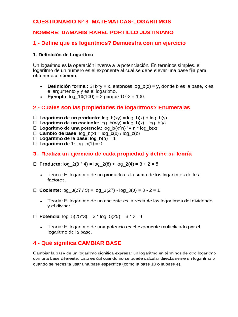 Cuestionario #3 Logaritmo en Matematica | PDF | Logaritmo | Exponenciación